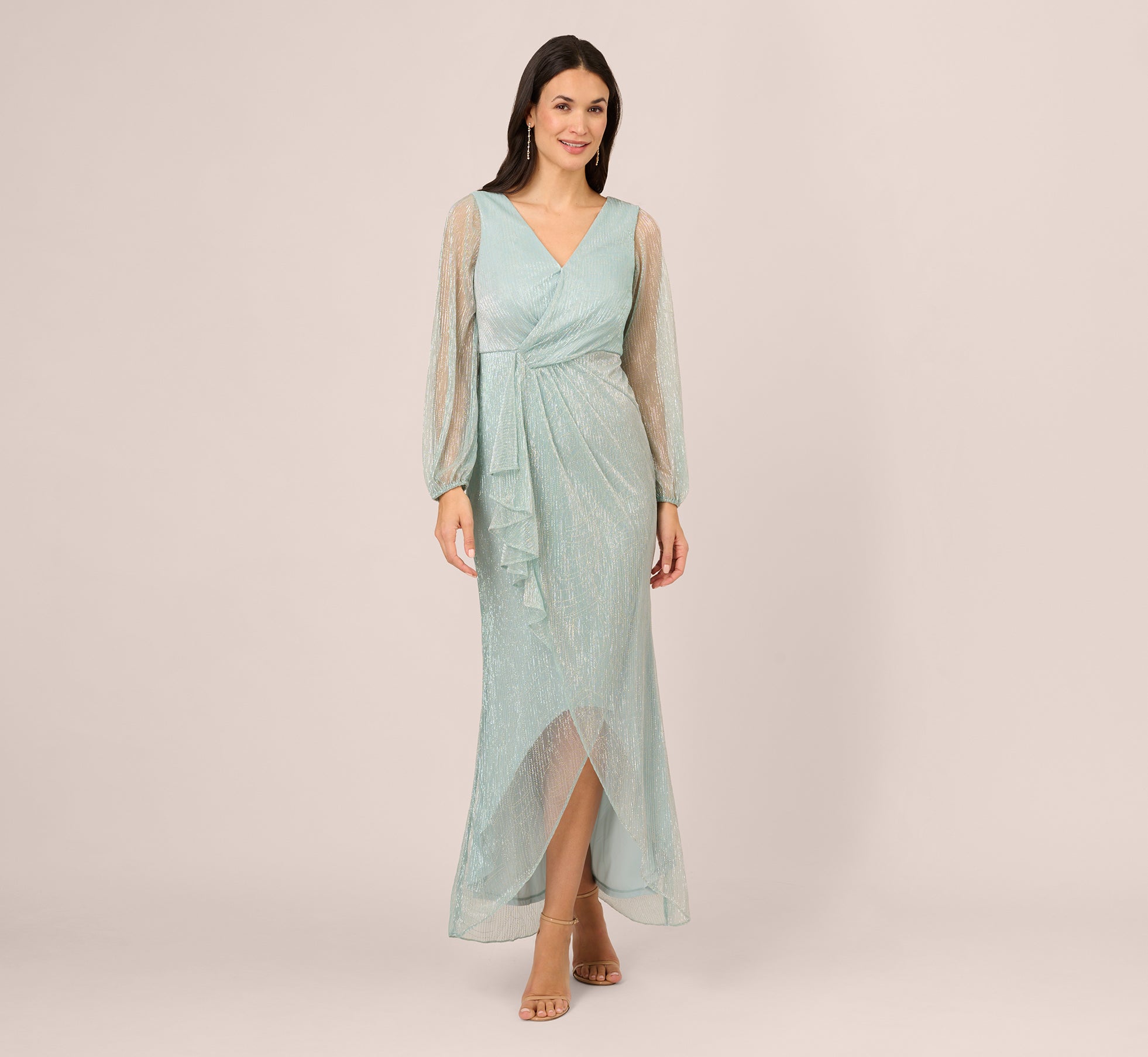 ADRIANNA PAPELL Crinkle Metallic Gown with Bishop Sleeves